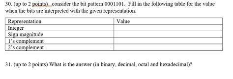 30 up to 2 points consider the bit pattern 0001101 fill in the