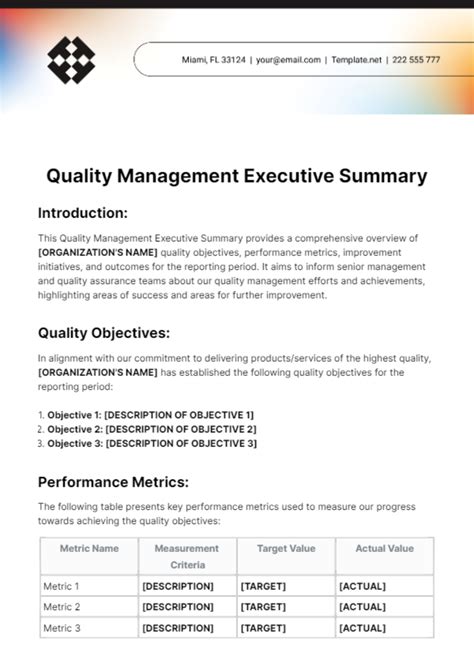 Free Quality Management Executive Summary Template To Edit Online