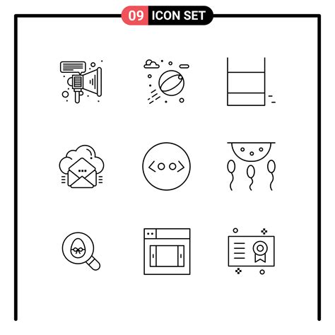 Editable Vector Line Pack Of 9 Simple Outlines Of Html Brackets Ring Message Email Editable