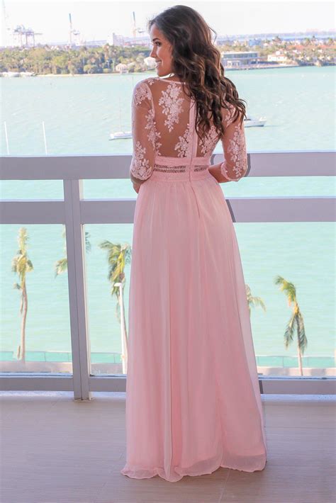 Blush V Neck Maxi Dress With Mesh Embroidered Sleeves Maxi Dresses