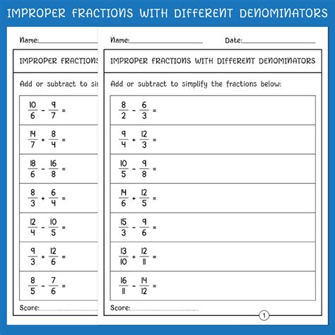 Addition And Subtraction Of Improper Fractions With Unlike Denominators