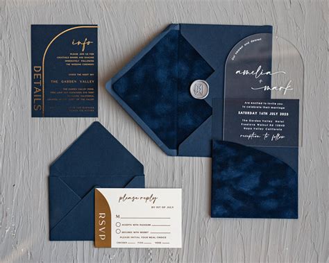 Arch Acrylic Gold Wedding Invitations Navy Blue Wedding Invites Set Velvet Pocket Dark Blue