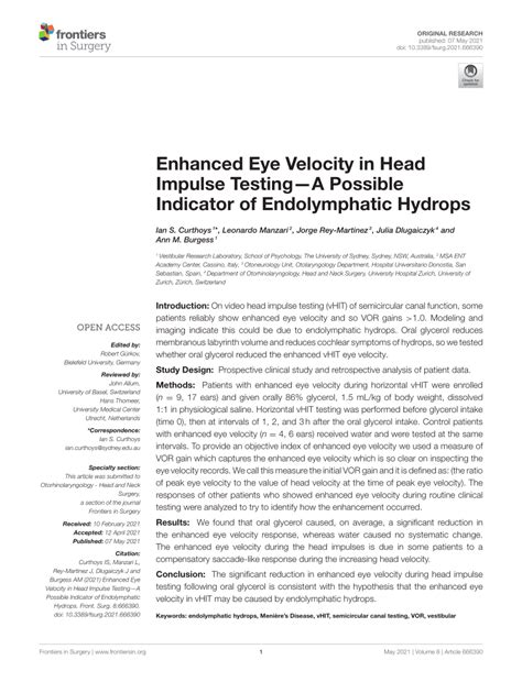 Pdf Enhanced Eye Velocity In Head Impulse Testing—a Possible