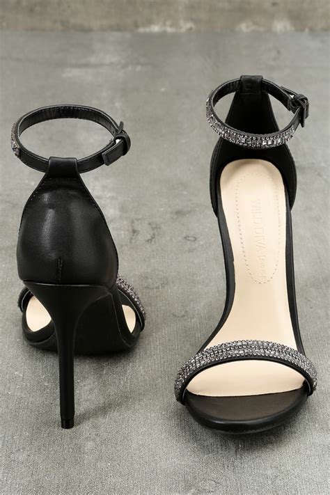 Chic Rhinestone Heels Black Satin Heels Ankle Strap Heel