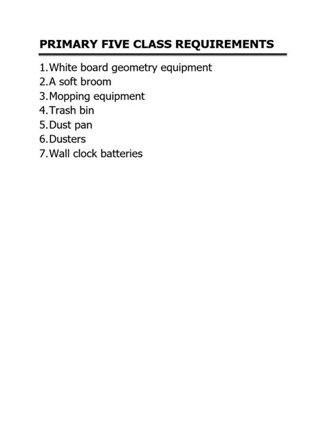 Primary Five Class Requirements Pdf