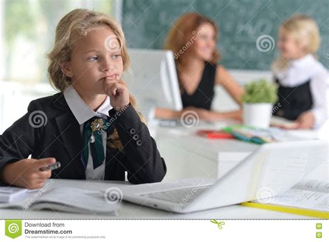 Teacher With Two Girls At Lesson Stock Image Image Of Adult