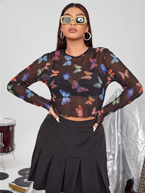 Shein Plus Butterfly Print Lettuce Trim Crop Mesh Top Without Bra