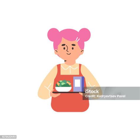 샐러드 그릇이 있는 음식 쟁반을 들고 있는 귀여운 소녀 흰색 배경에 분리된 평면 벡터 그림 학교 식당이나 식당에서 점심을 먹는 학생이나 학생 건강한 식생활에 대한 스톡 벡터