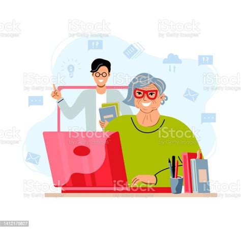 노인 여성은 학습을 위해 노트북을 사용하고 있습니다 온라인 교육 홈 스쿨링 적극적인 라이프 스타일 및 개념을 사용하는 기술 플랫