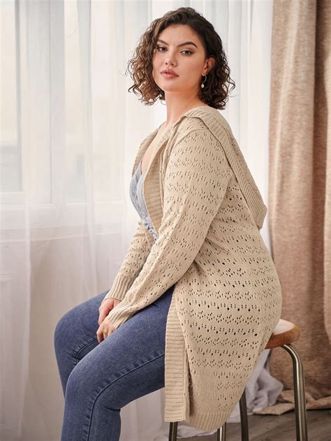 Plus Pointelle Knit Hooded Open Front Cardigan Cárdigan Ropa De