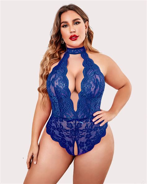 Gorgeous Plus Size Lace Print Bodysuit Halter Teddy Avidlove