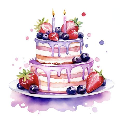 Premium Photo Hand Drawn Watercolor Water Painting Birthday Cake