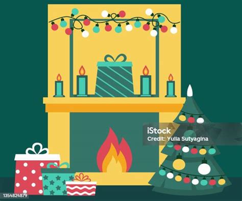 크리스마스 벽난로 휴일 아늑한 집 인테리어 새해 분위기 크리스마스 트리 선물 벽난로 촛불 화환방 장식 벡터 일러스트레이션 가정