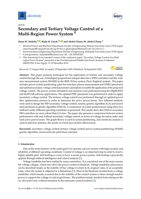 Pdf Secondary And Tertiary Voltage Control Of A Multi Region Power System