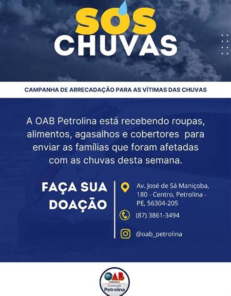Oab Petrolina Está Recebendo Doações Para Desabrigados Pelas Chuvas No