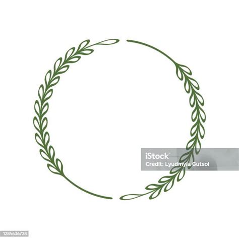 두 가지의 깔끔한 화환 잎이 있는 녹색 나뭇가지 의 둥근 프레임 미니멀 한 테두리 로고 태그에 대한 디자인 템플릿 간결한 세련된