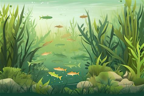 Freshwater Ecosystem With Schools Of Fish Swimming Among Aquatic Plants