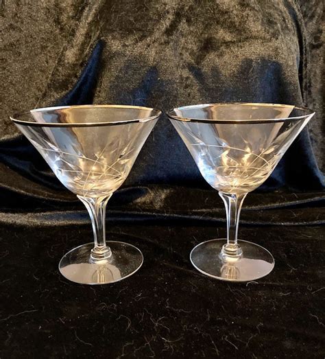Two Fostoria Etched Crystal Cocktail Champagne Or Martini Glasses