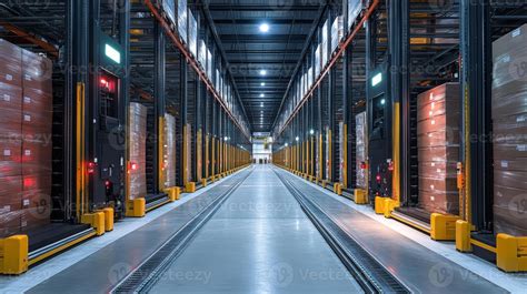 Wide Aisles In A Contemporary Warehouse Filled With Tall Shelves