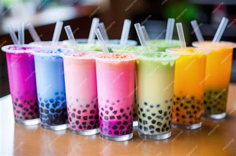 Premium Ai Image Colorful Bubble Tea Glasses On Wooden Table