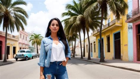 Premium Ai Image Cuban Girl In White Blouse And Ripped Jeans Standing