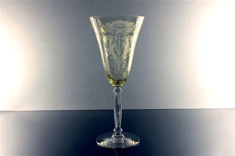 Crystal Etched Wine Glass Depression Glass Yellow Clear Stem Floral
