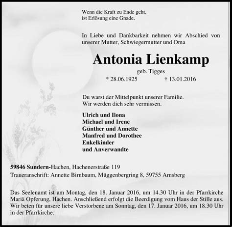 Traueranzeigen Von Antonia Lienkamp Trauer In Nrwde