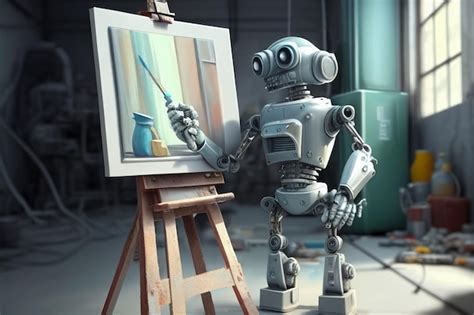 인공 지능 Ai 로봇 아티스트 페인트 또는 생성된 그림 텍스트에서 이미지 생성 Generative Ai 프리미엄 사진