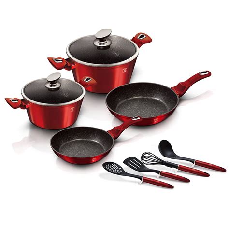 Jogo Panelas e Utensílios Peças Burgundy Berlinger Haus Kit Cozinha Gourmet Frigideiras