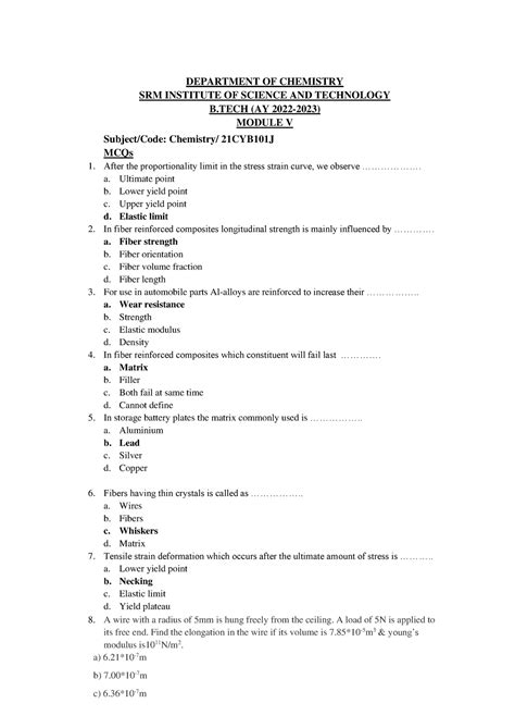 Module V QB Question Bank DEPARTMENT OF CHEMISTRY SRM INSTITUTE OF SCIENCE AND TECHNOLOGY B
