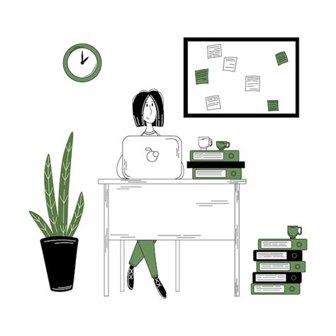 소녀는 홈 오피스에서 일합니다 낙서 벡터 일러스트 레이 션 프리미엄 벡터