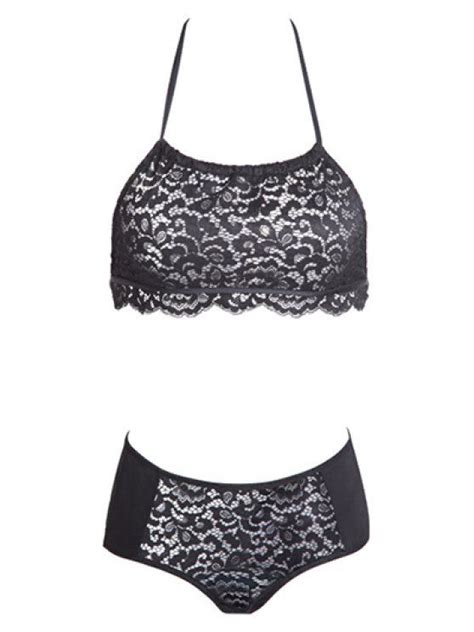 24 Off 2019 Lace Halter Neck High Waisted Bra Set In Black Zaful
