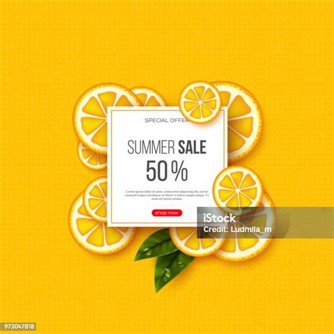 슬라이스 오렌지 조각 나뭇잎과 점선된 패턴 여름 판매 배너 노란색 배경계절 할인 벡터 일러스트 레이 션에 대 한 템플릿 3차원 형태에 대한 스톡 벡터 아트 및 기타 이미지