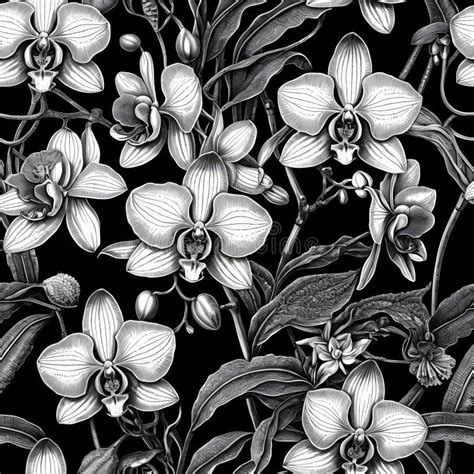 Elegant Grayscale Orchid Floral Pattern Seamless Repeat Stock