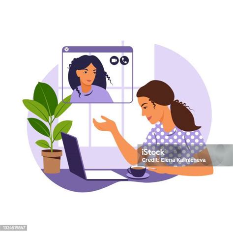 집이나 사무실에서 노트북이있는 책상에서 소녀 온라인 비디오 긴급 회의 원격 작업 프리랜서를 통해 팀과 의사 소통 벡터 플랫 일러스트레이션 개념에 대한 스톡 벡터 아트 및