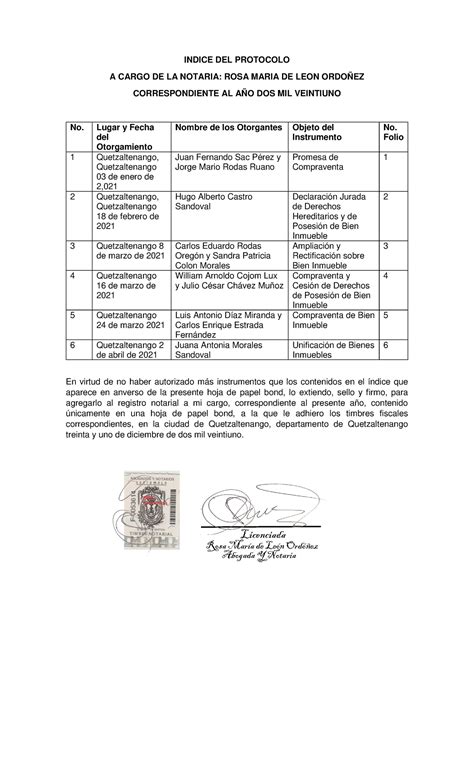 Índice Notarial 2021 Protocolo De Rosa María De León Ordóñez Studocu