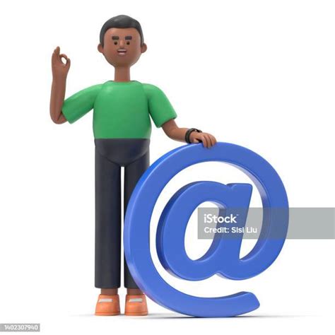 이메일 기호로 서있는 웃는 아프리카 계 미국인 남자 데이비드의 3d 그림 비즈니스 및 연락처 개념 흰색 배경에 3d 렌더링 3차원 형태에 대한 스톡 사진 및 기타 이미지