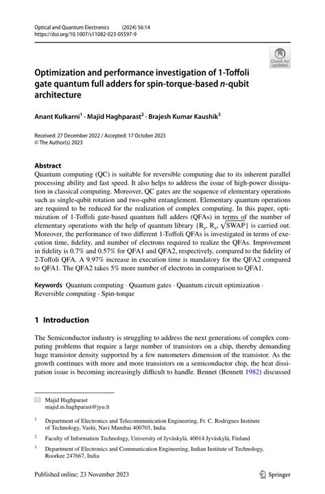 Pdf Optimization And Performance Investigation Of 1 Toffoli Gate Quantum Full Adders For Spin
