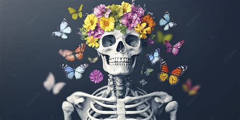 A Skeleton With Colorful Flowers Growing Out Of It Butterflies Flying