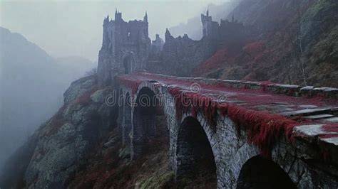 Misty Ancient Castle Ruins Enveloped In Fog With An Arched Stone Bridge Surrounded By Lush