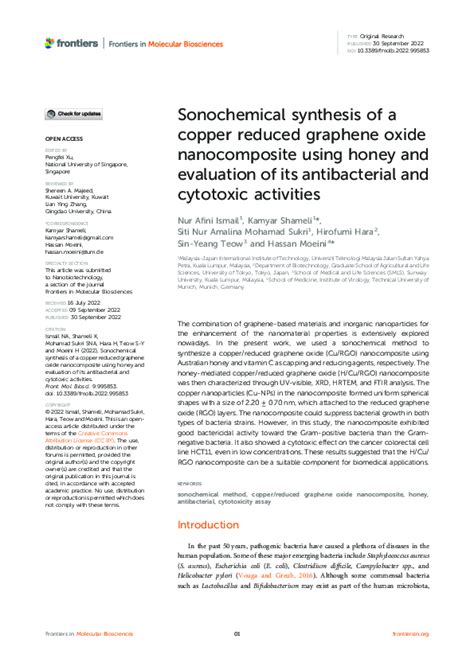 Pdf Sonochemical Synthesis Of A Copper Reduced Graphene Oxide Nanocomposite Using Honey And