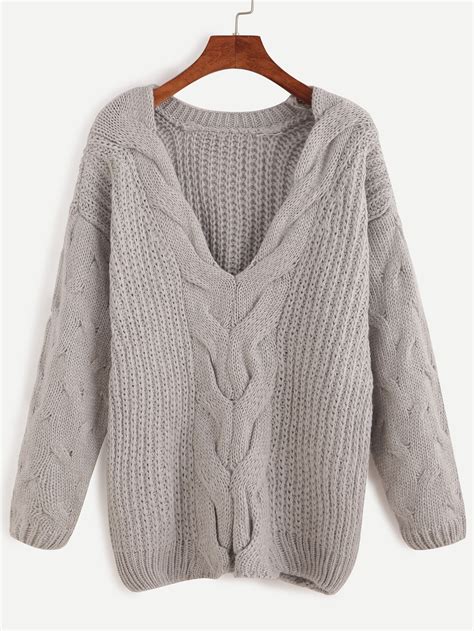 Grey V Neck Cable Knit Sweater SheIn Sheinside