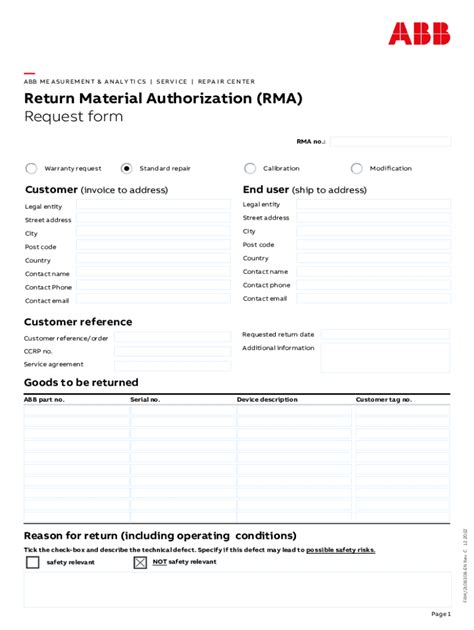 Fillable Online Return Material Authorization Rma Request Form Abb