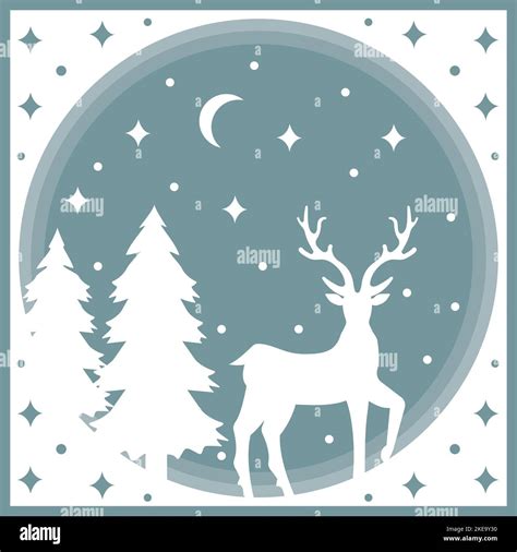 Papercut Style Illustration Deer Among Christmas Trees Multi Layered Vector Illustration Stock
