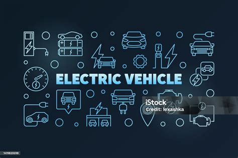 전기 자동차 윤곽선 파란색 배너 Ev 벡터 일러스트 레이 션 전기 자동차 대체 연료 차량에 대한 스톡 벡터 아트 및 기타 이미지 전기 자동차 대체 연료 차량 개념