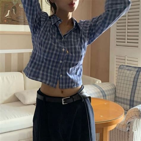 [가을신상 가을셔츠 가을블라우스 레이어드 슬림핏] 톤앤 체크 라인 크롭 셔츠 남방 3col 에이블리