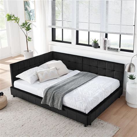 Deinppa Full L Shape Corner Bed Frame Velvet Upholstered