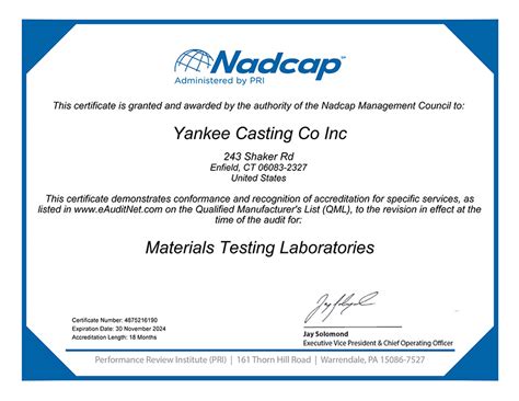 Yankee Casting Nadcap Certification