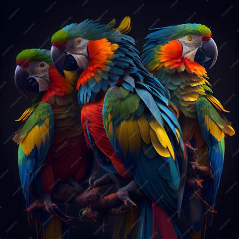 Premium Ai Image Colorful Macaw Parrots On A Branch On A Black Background