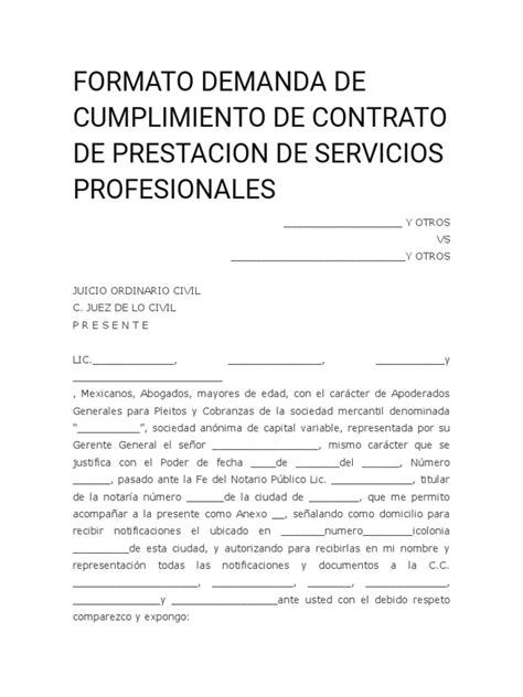 Formato Demanda De Cumplimiento De Contrato De Prestacion De Servicios